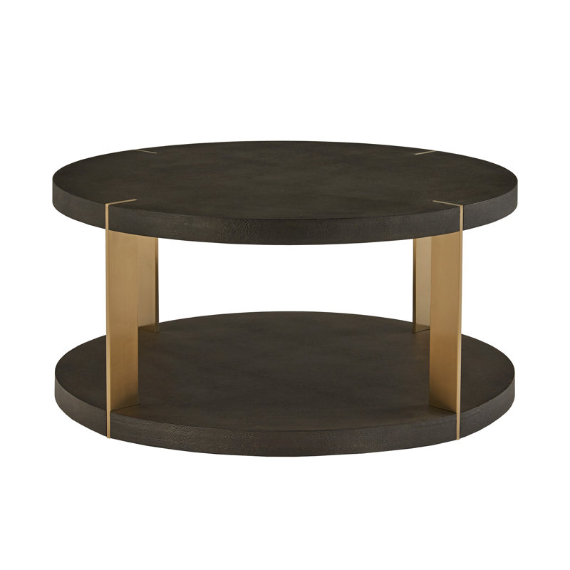 Mercer41 Sula Gold Finish Metal Dark Brown Faux Shagreen Round Table - Dark Brown, Coffee Table ...